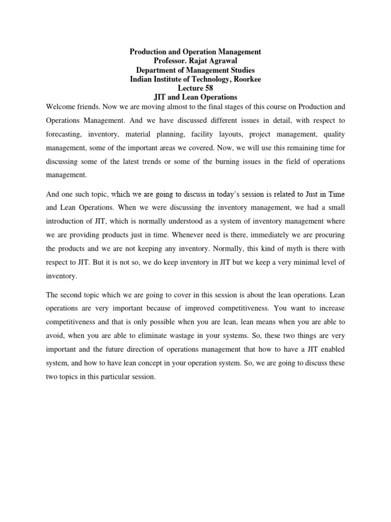 Lecture 58 Operations | PDF | Lean Manufacturing | Inventory