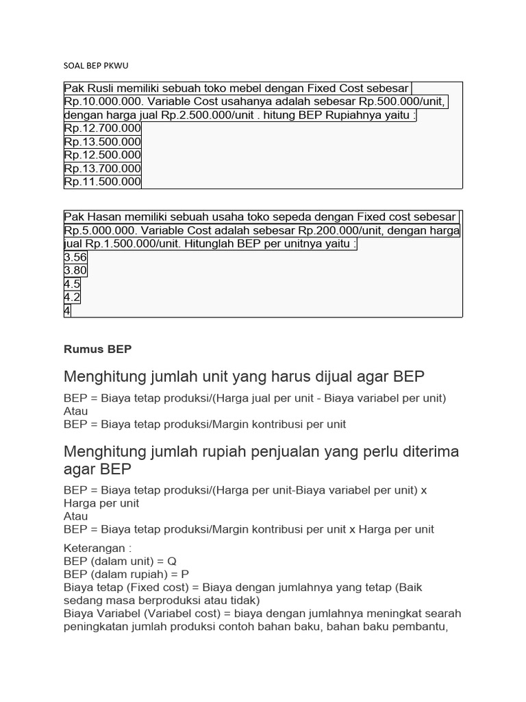 Soal dan Pembahasan BEP PKWU | PDF | Bisnis | Teknologi & Rekayasa