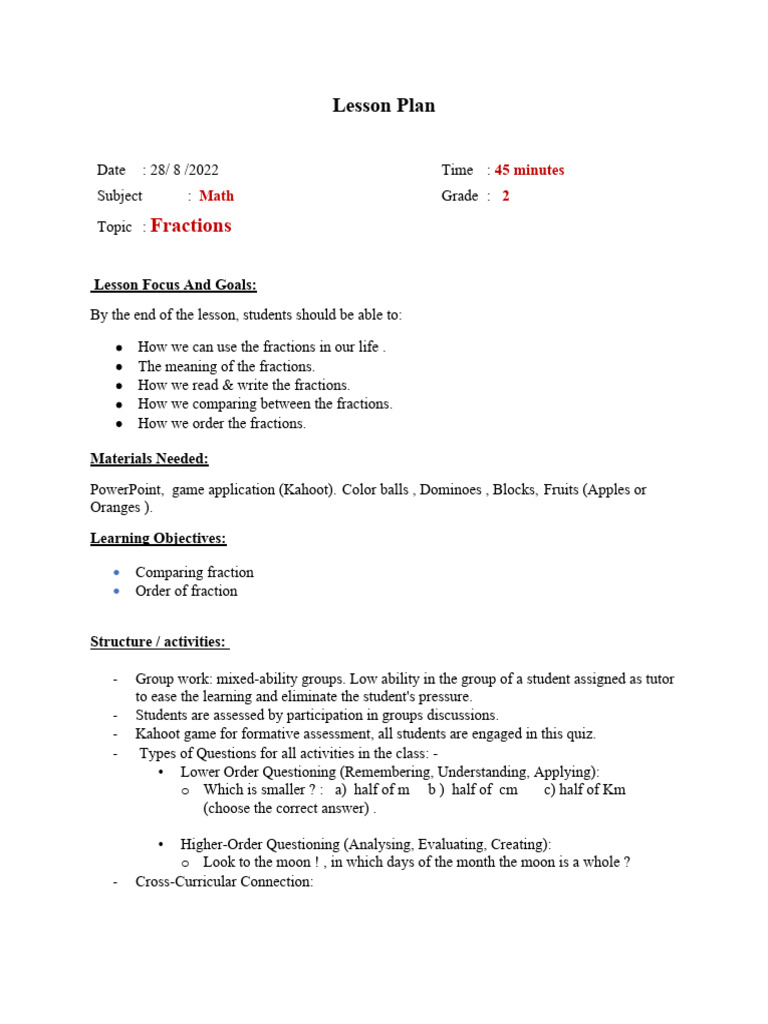 Grade 2 Math Lesson Plan on Fractions | PDF | Lesson Plan | Human ...