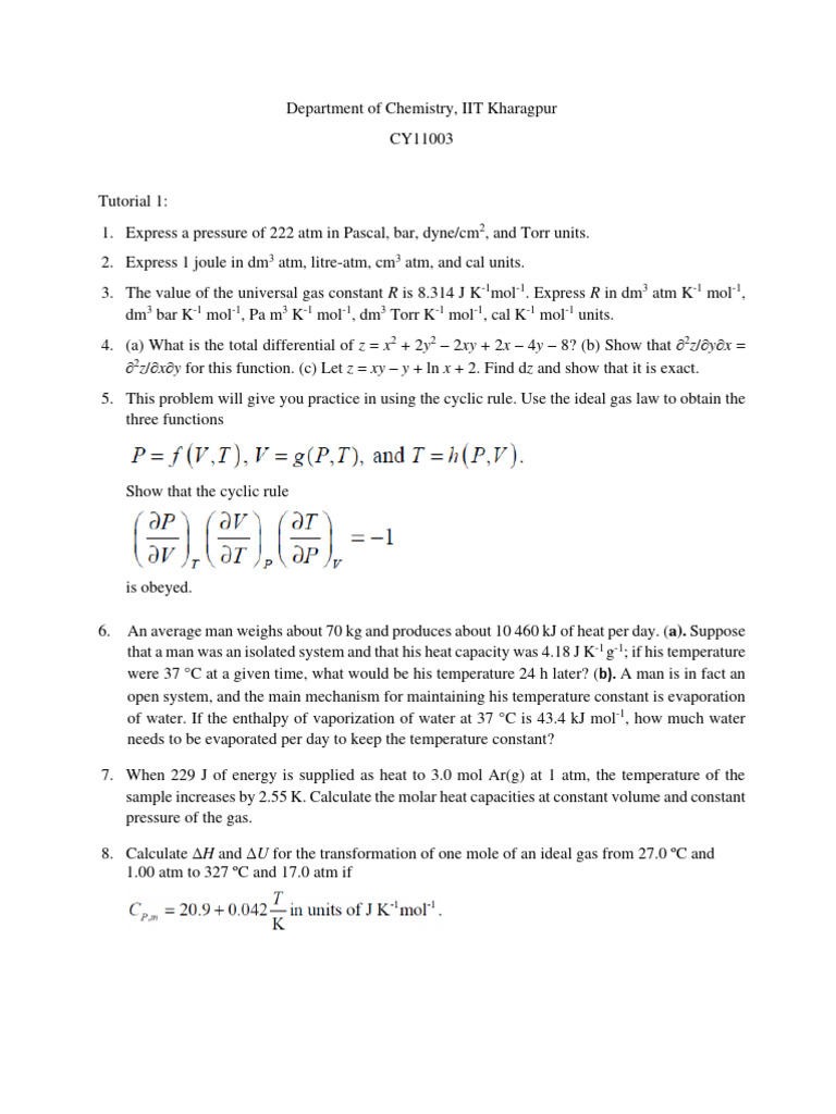 Tutorial 1 CHEM THERMO | PDF | Gases | Metrology