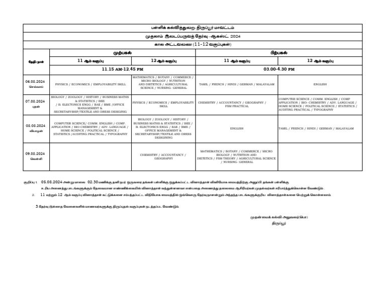 11 & 12 TH STD First Mid Term Time Table | PDF
