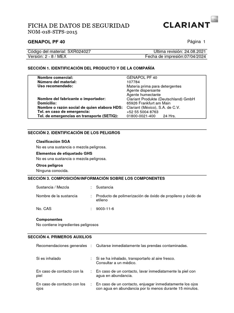 Clariant SDS GENAPOL PF 40 Mexico Spanish | PDF | Guante