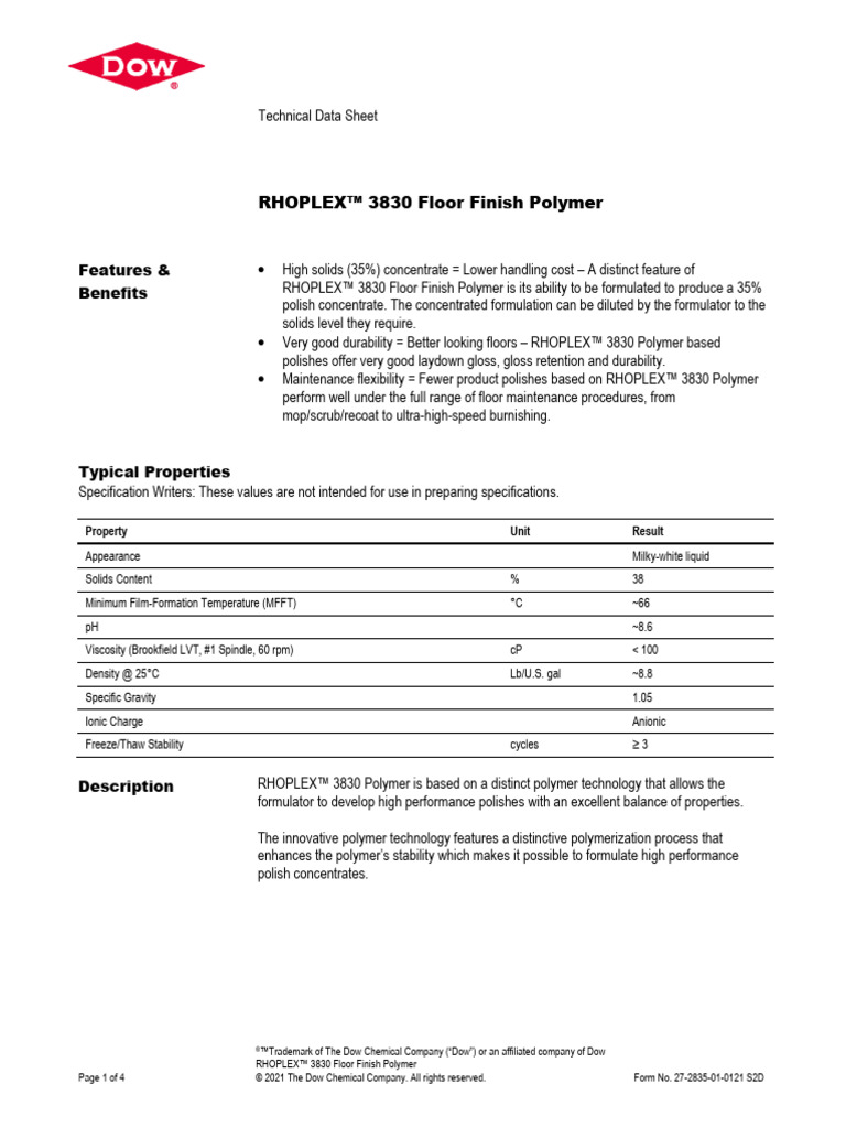 27 2835 01 Rhoplex 3830 Floor Finish Polymer | PDF | Applied And ...
