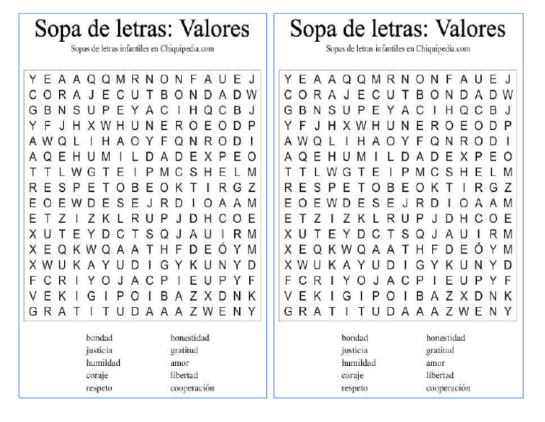 Sopa de Letras de Valores 1docx | PDF