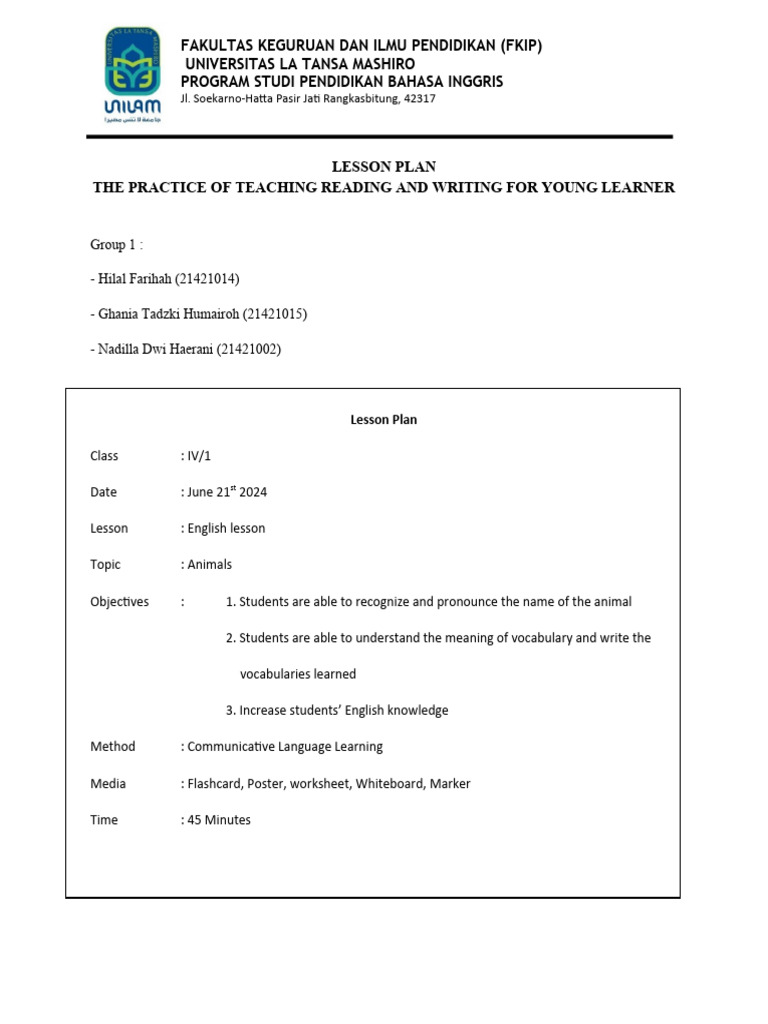 Lesson Plan Group 1 Practice Teaching Reading And Writing Pdf