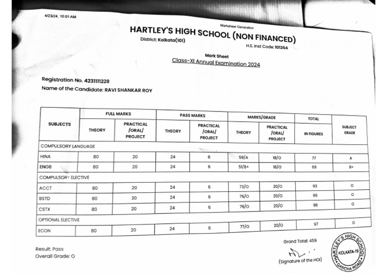 Ravi Shankar Roy.11th Marksheet | PDF