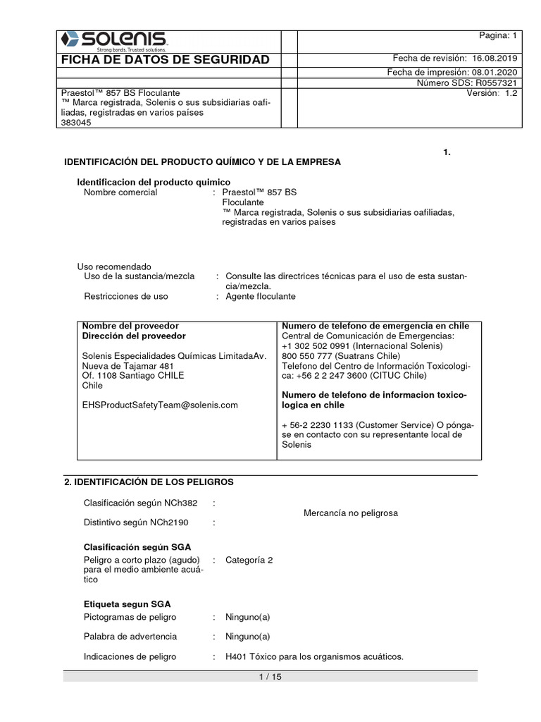 Ficha de Seguridad Praestol™ 857 BS | PDF | Residuos | Óxido