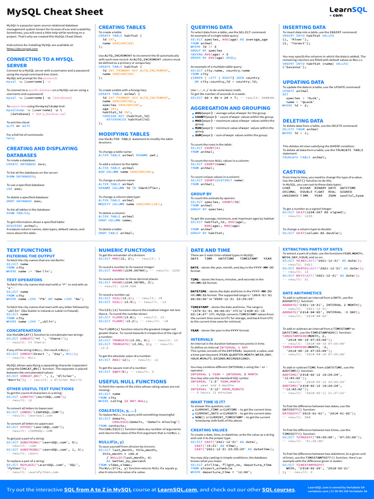 MySQL Info Sheet | PDF | Databases | Data Management