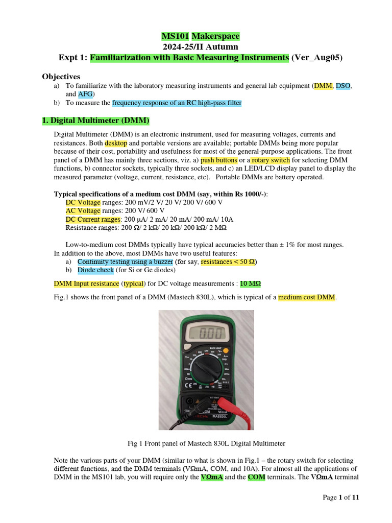 2024 25 Aut MS101 EE Expt01 MeasInstr - Ver Aug05 | PDF | Electronic Filter | Electronics