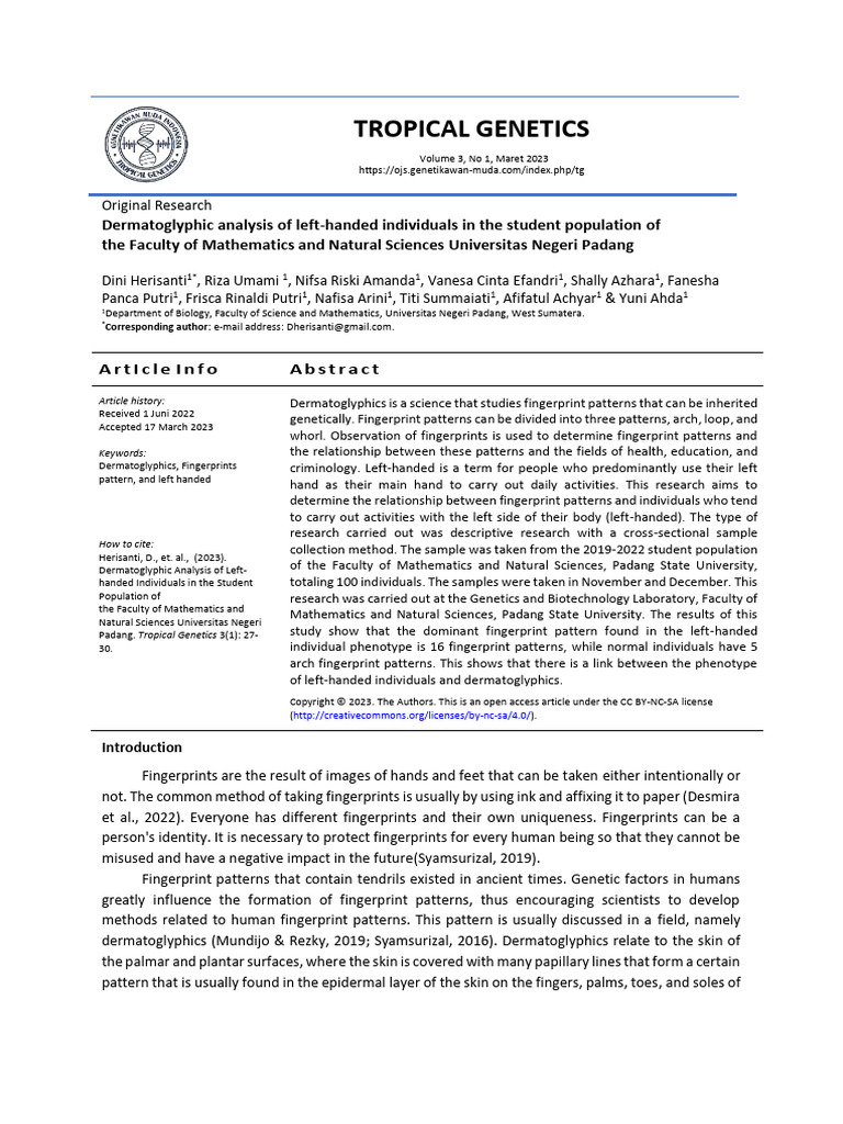 Dermatoglyphic Analysis of Left Handed I | PDF | Fingerprint | Handedness