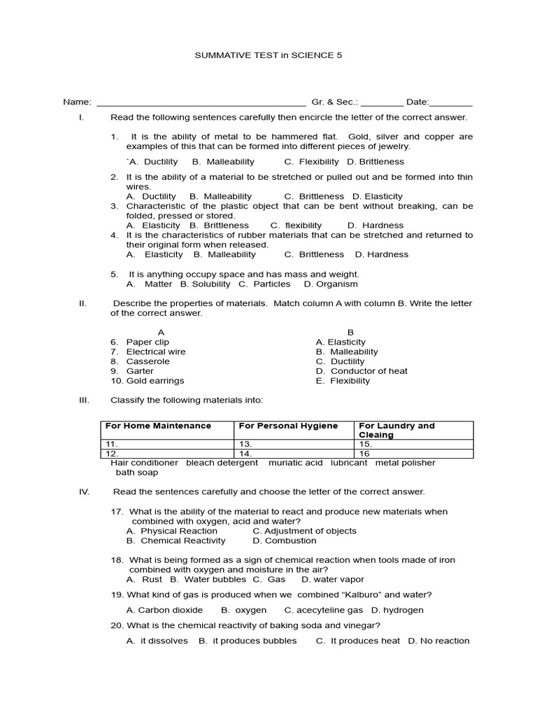 Science 5 Summative Test on Materials | PDF | Ductility | Water