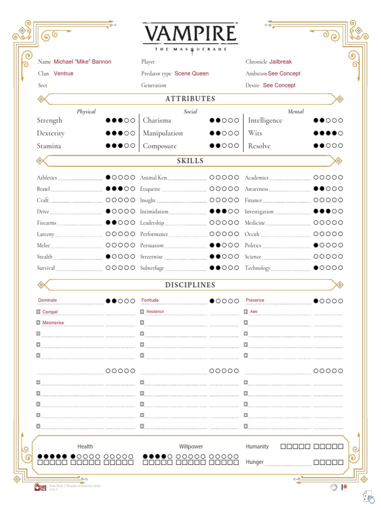 VtM5e EN CharacterSheet Mike | PDF