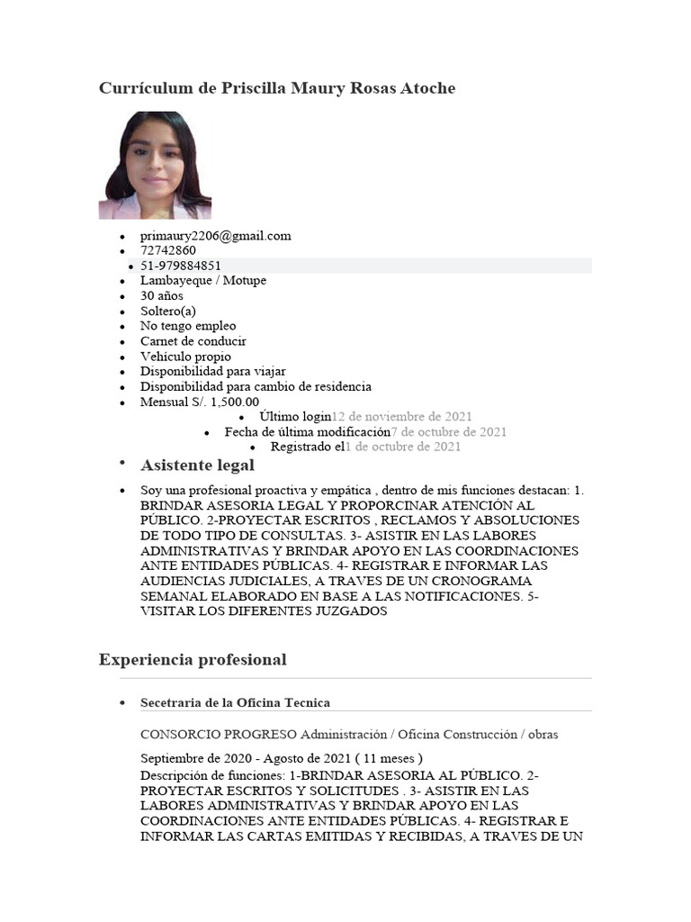 Currículum de Priscilla Maury Rosas Atoche | PDF | Finanzas y dinero