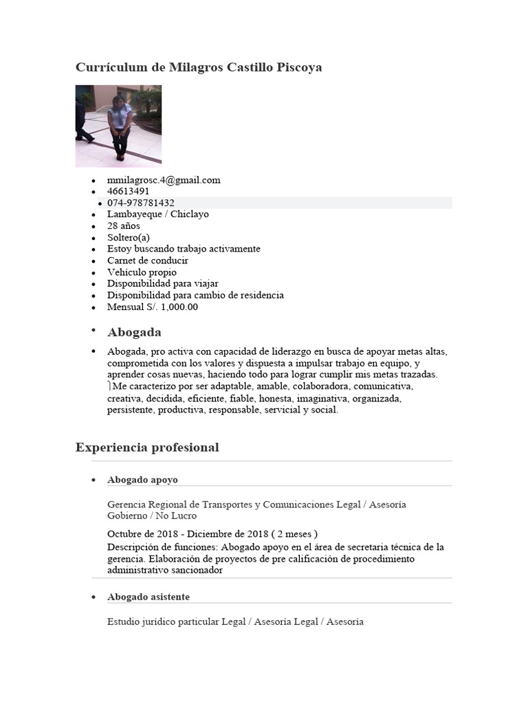 Currículum de Milagros Castillo Piscoya | PDF | Abogado | Microsoft
