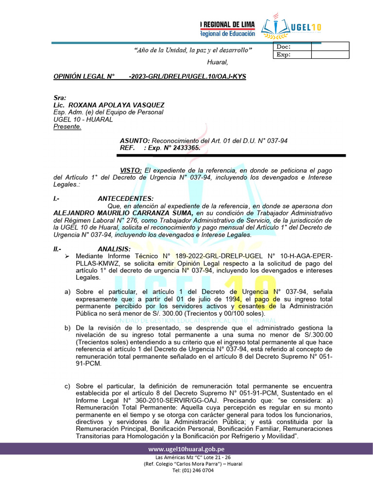 Alejandro Carranza Art. 1.d.u.037 | PDF | Servicio Civil | Presupuesto