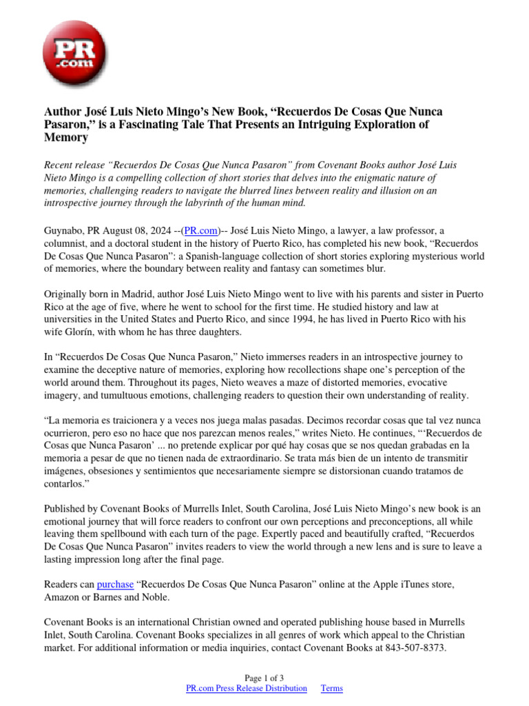 Author José Luis Nieto Mingo's New Book, "Recuerdos de Cosas Que Nunca ...