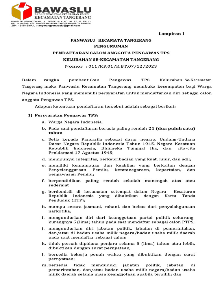 Pendaftaran Calon Pengawas TPS Tangerang | PDF