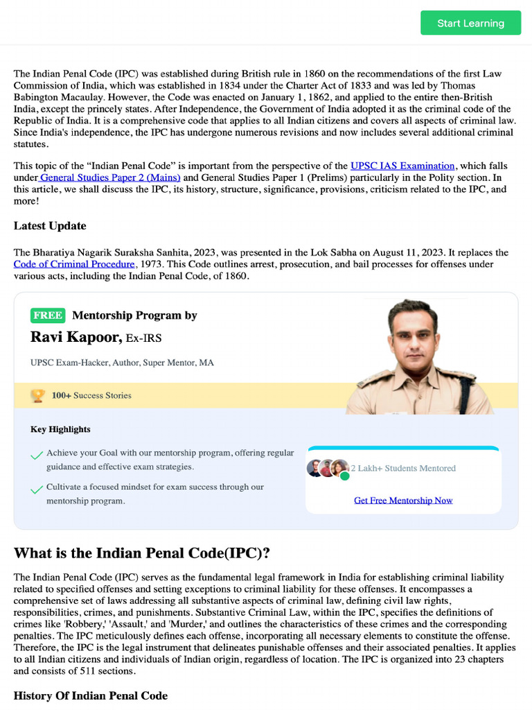 Indian Penal Code (IPC) - History, Structure, Provisions & More | PDF