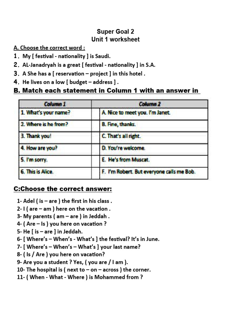 Super Goal 2 Unit 1 Worksheet | PDF