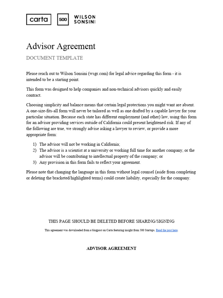 Startup Advisor Agreement Template | PDF | Stocks | Discovery (Law)