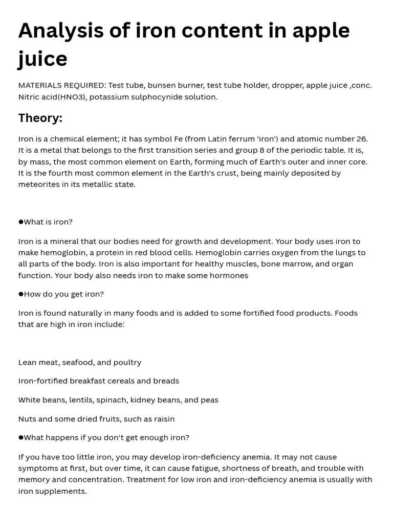 Iron Content Analysis in Apple Juice | PDF | Titration | Chemistry