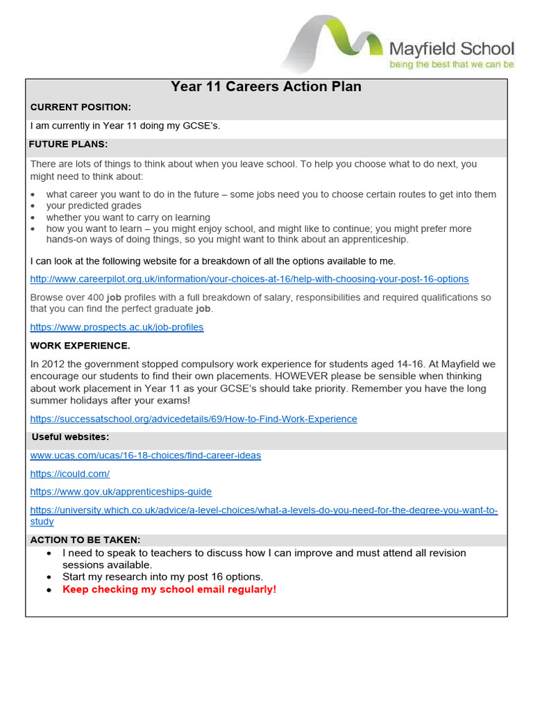 Year 11 Careers Action Plan | PDF | Apprenticeship | Internship