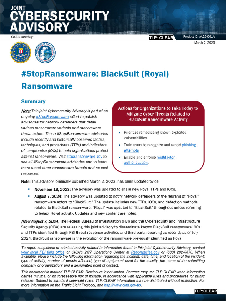 Aa23 061a Stopransomware Blacksuit Royal Ransomware | PDF | Ransomware ...