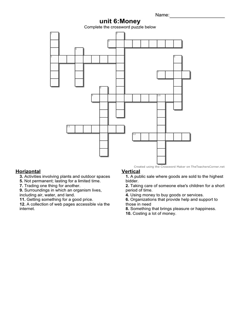 Crossword FORM2 UNIT6 MONEY | PDF