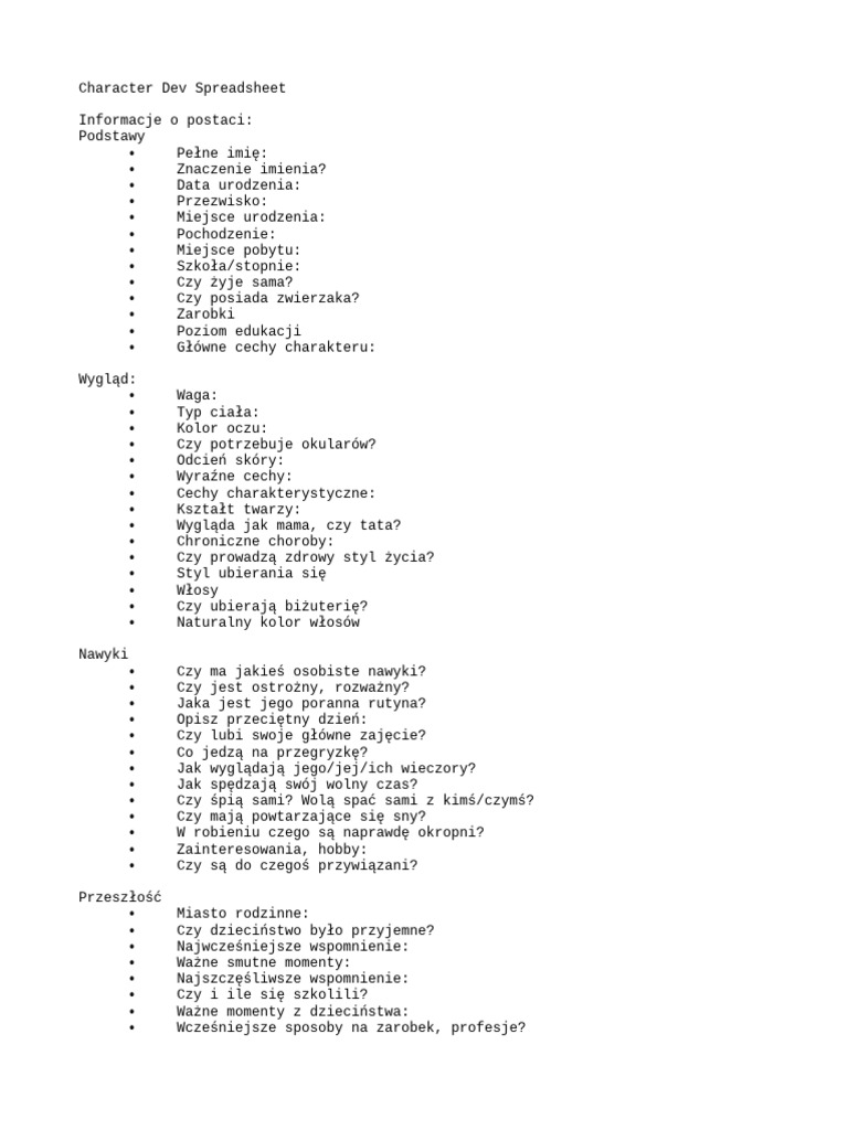 Character Spreadsheet | PDF