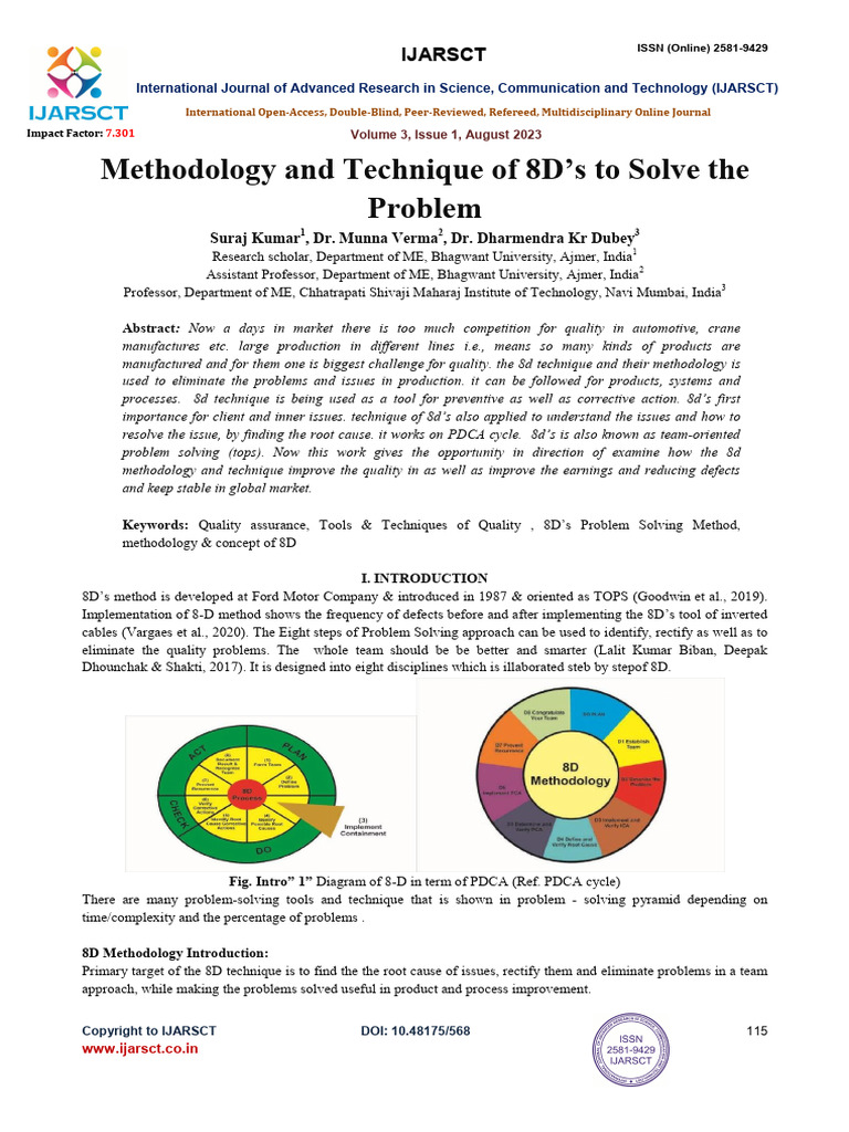 Methodology and Technique of 8D's To Solve The Problem: Ijarsct | PDF | Open Access | Causality