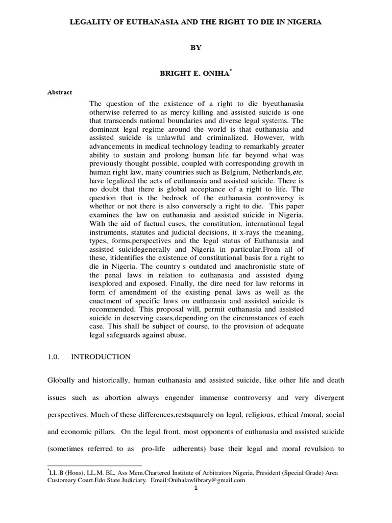 Legality of Euthanasia and The Right To Die in Nigeria by Bright E ...