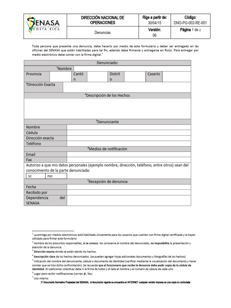 DNO-PG-002-001 V6 Denuncias | PDF | Fax | Documento de identidad