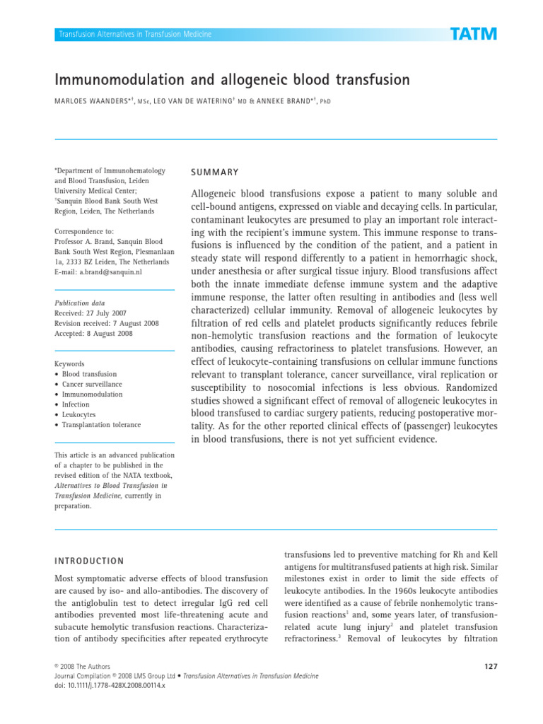 Transfus Alt Transfus Med - 2008 - WAANDERS - Immunomodulation and ...