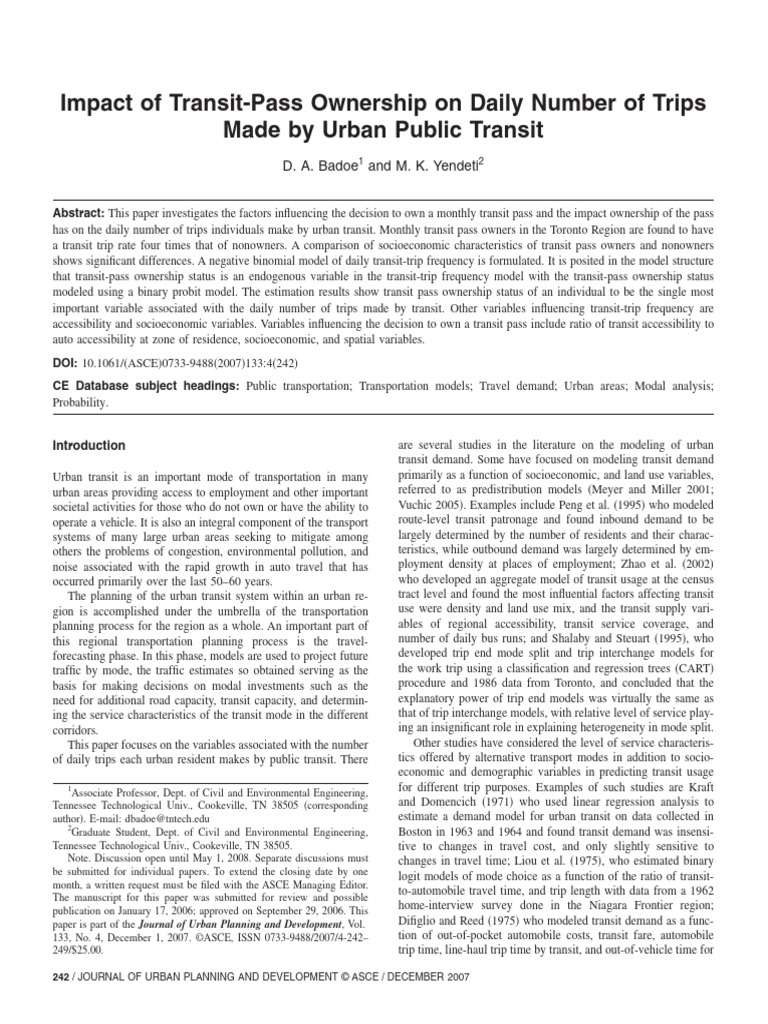 Impact of Transit-Pass Ownership On Daily Number of Trips | PDF ...