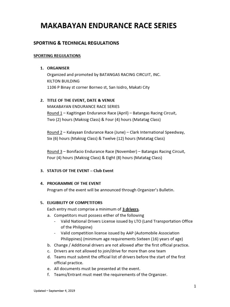 2019 Makabayan Endurance Race Series Rules and Regulations | PDF ...