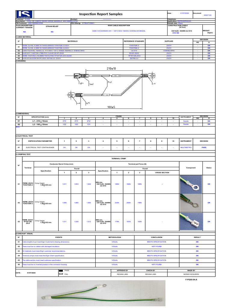 Spection Report Samples ELGIN 0178247123001 18AWG VD-AM | PDF ...