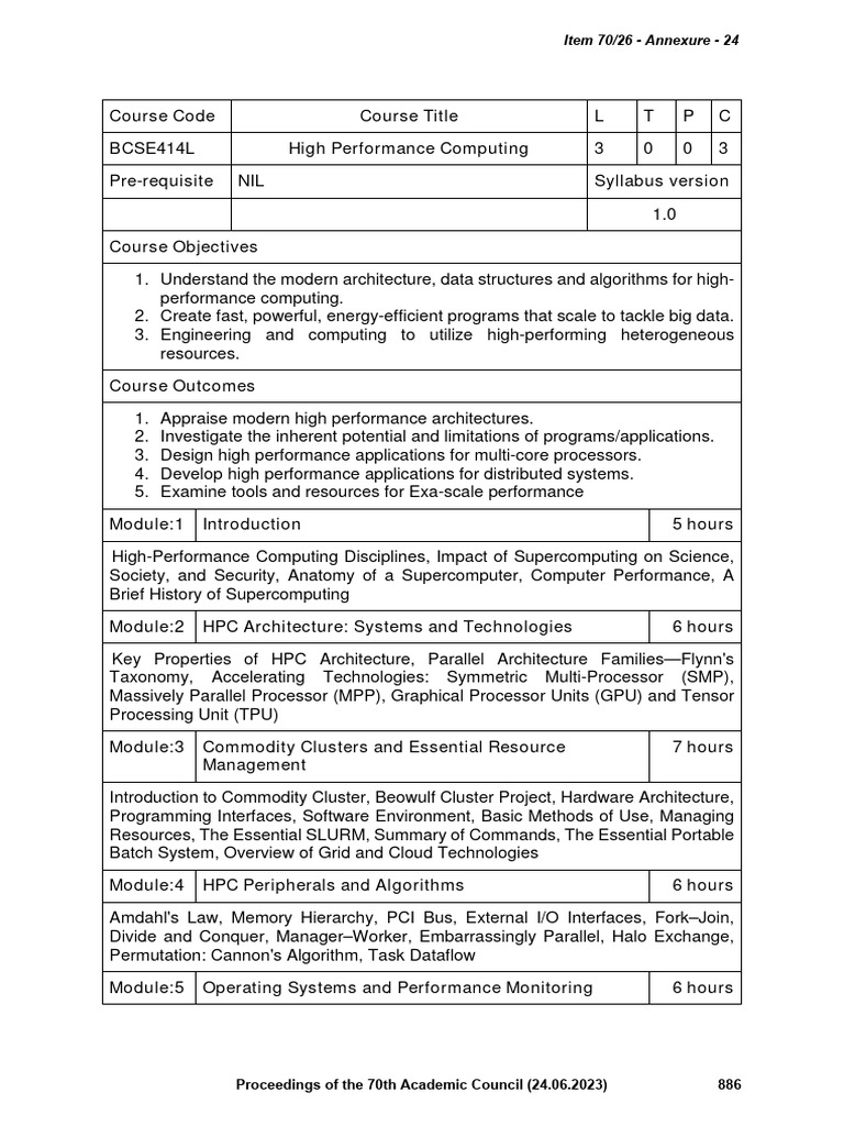 Bcse414l - High-Performance-Computing - Course Syllabus | PDF | Parallel Computing | Supercomputer