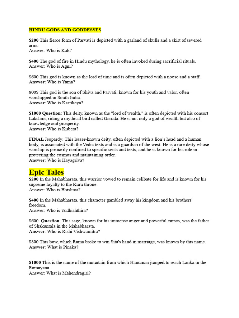 Jeopardy & Question On Mythology | PDF | Vishnu | Rama