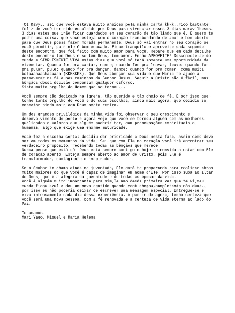 Carta de Apoio a Davy no Retiro | PDF | Amor | Deus