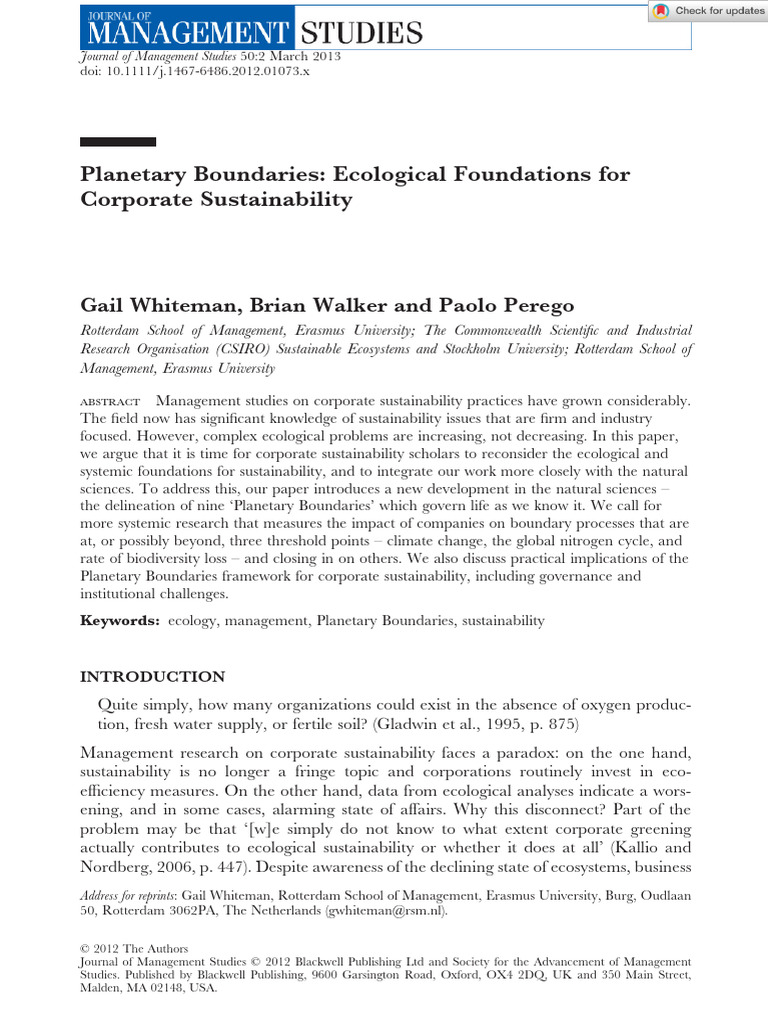 J Management Studies - 2012 - Whiteman - Planetary Boundaries Ecological Foundations For ...