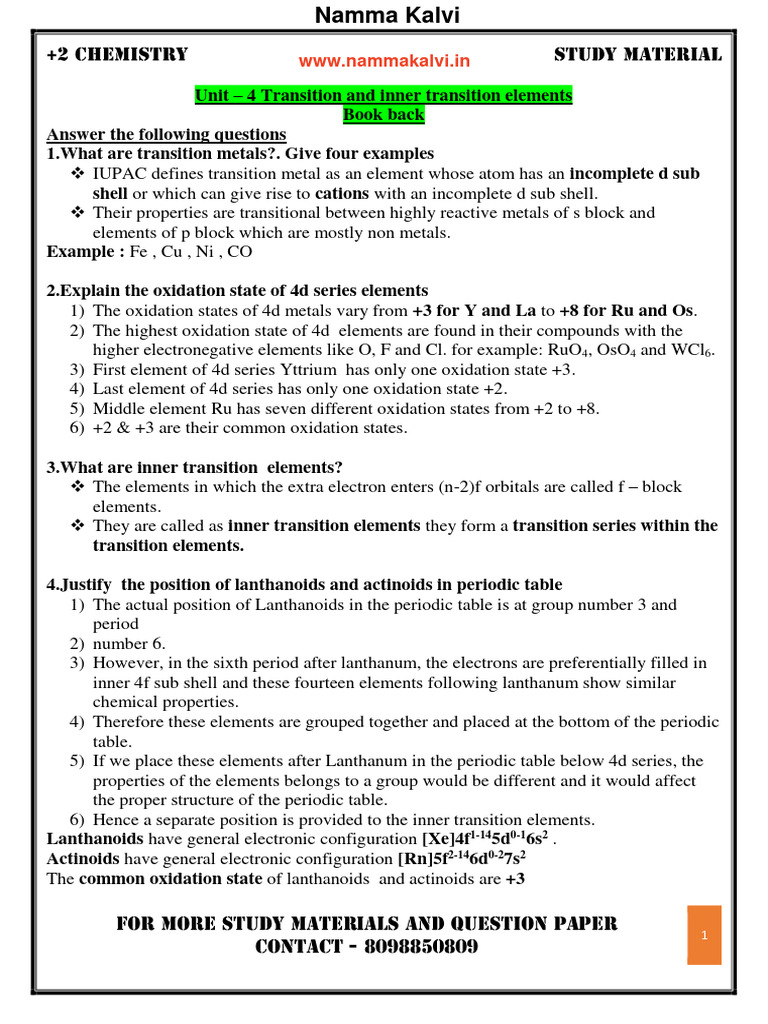 12th Chemistry Unit 4 SAIVERA | PDF | Transition Metals | Lanthanide