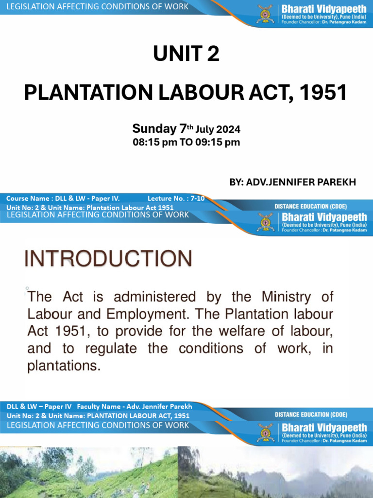 UNIT-2 PLANTATION LABOUR ACT, 1951 by Sagar Sah | PDF | Employment ...