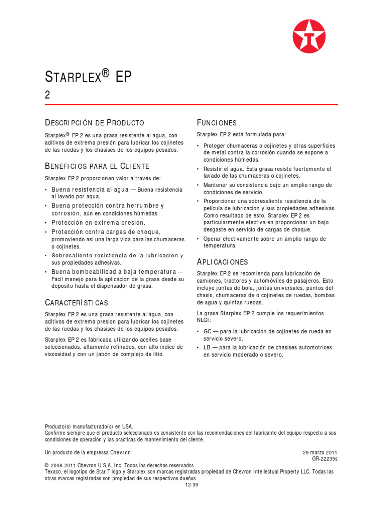 Starplex 2 | PDF | Rodamiento (Mecánico) | Lubricación