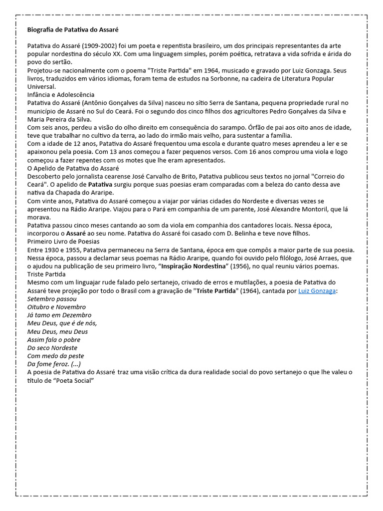 Biografia de Patativa do Assaré | PDF | Poesia | Clássicos
