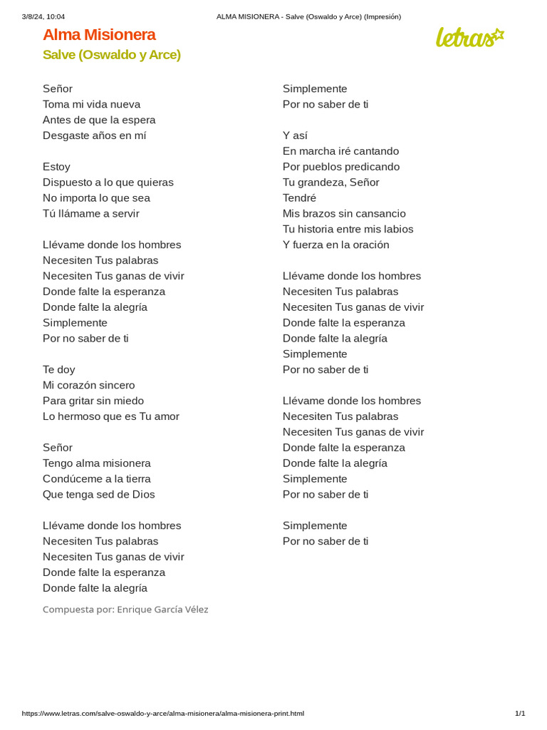 ALMA MISIONERA - Salve (Oswaldo y Arce) (Impresión) | PDF