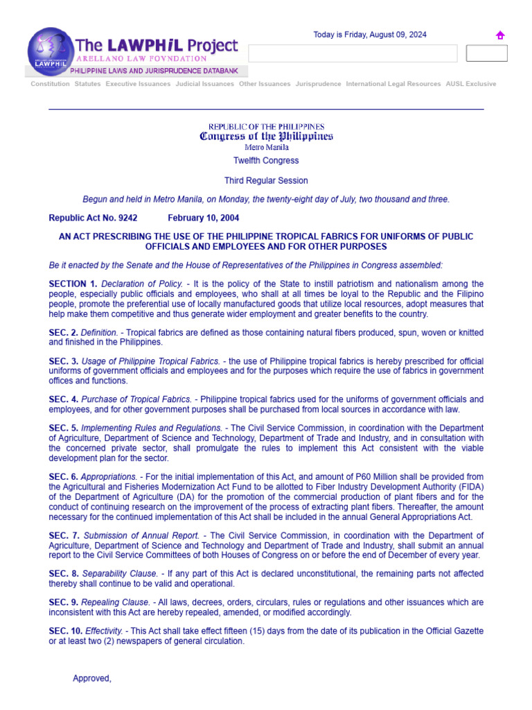 An Act Prescribing The Use of The Philippine Tropical Fabrics For ...