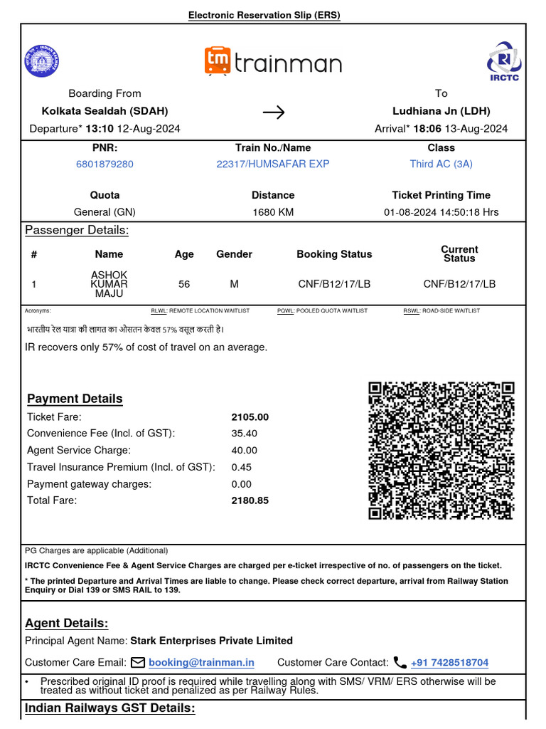 Irctc Sdah To Sre 12 August | PDF | Rail Transport | Transport