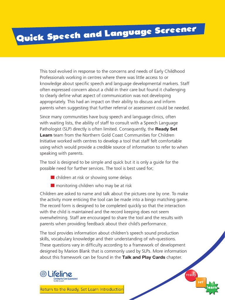 Quick Speech and Language Screener | PDF | Speech | Reading Comprehension