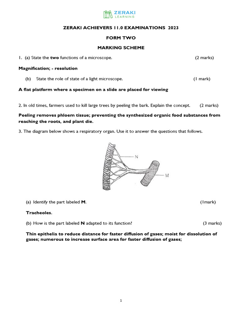 Biology Form 2 - Marking Scheme | PDF | Cellular Respiration | Lung