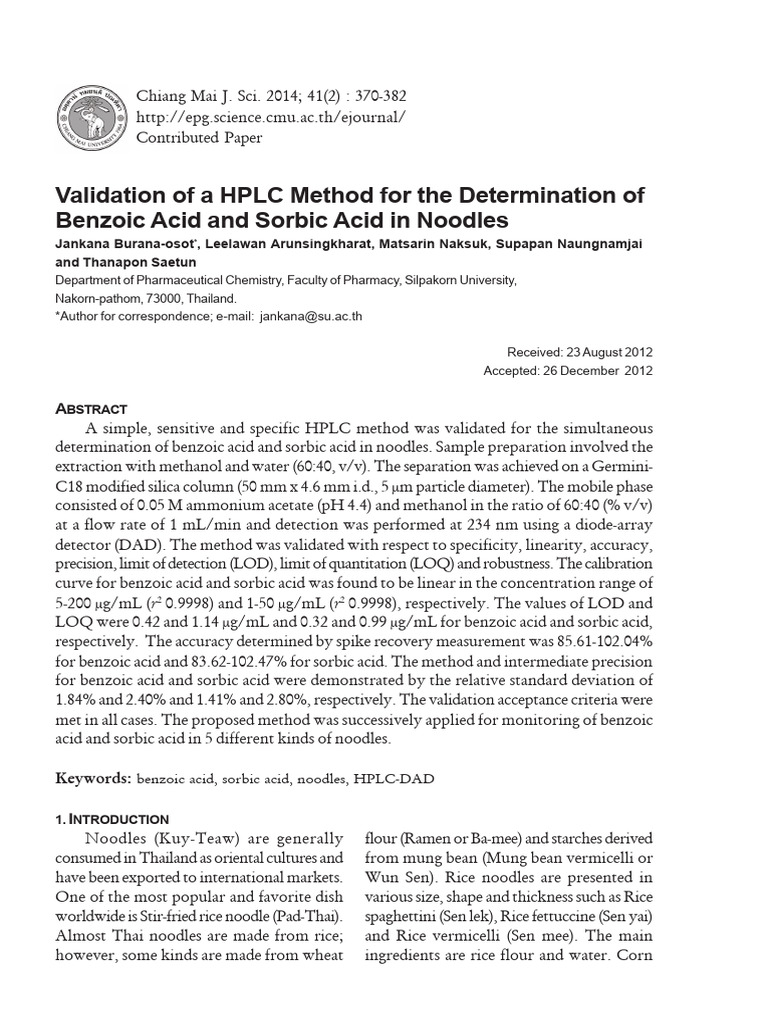 Validation of A HPLC Method For The Determination of Benzoic Acid and ...